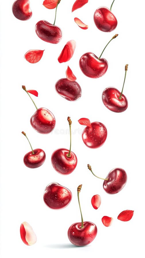 Falling Cherries with Petals on White Background Generative AI Stock ...