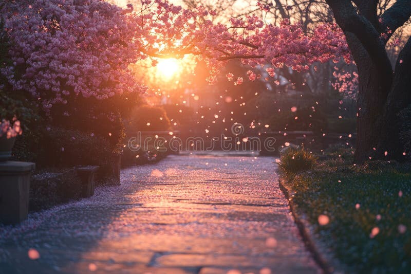 Falling Cherry Blossom Petals at Sunset in a Peaceful Garden Stock ...