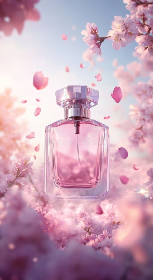 Falling Cherry Blossoms Envelop a Delicate Pink Perfume Bottle Stock ...