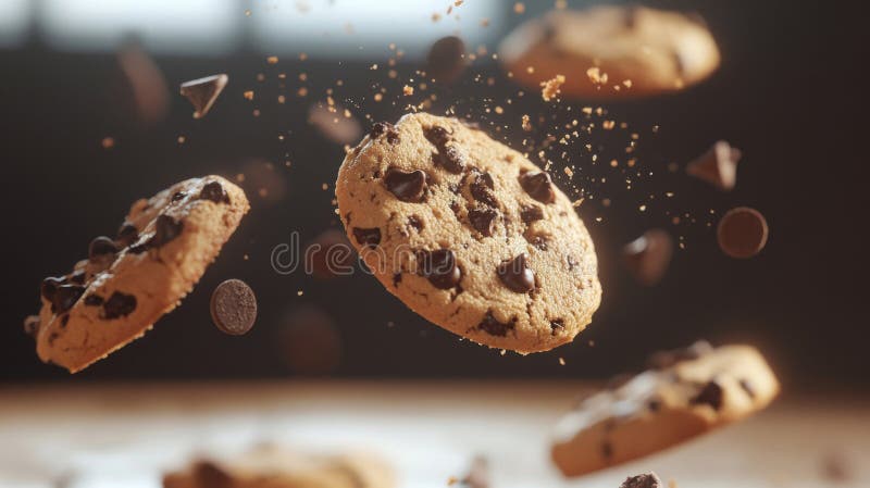Falling Chocolate Chip Cookies Against Dark Background Stock ...