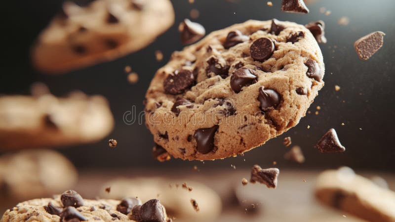 Falling Chocolate Chip Cookies Against Dark Background Stock ...