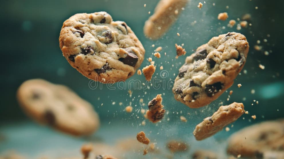 Falling Chocolate Chip Cookies Against Teal Background Stock ...