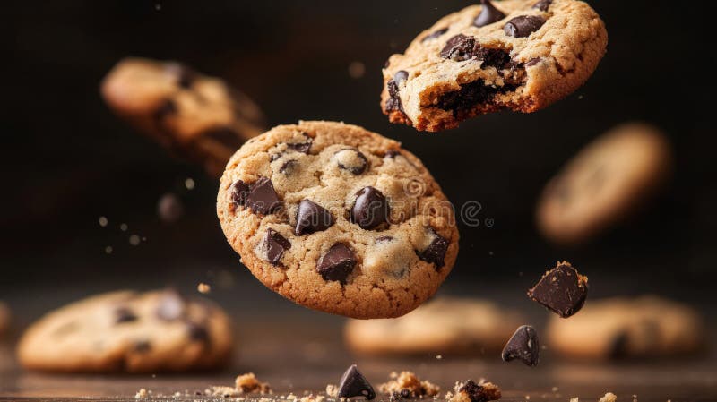 Falling Chocolate Chip Cookies on Dark Background Stock Illustration ...