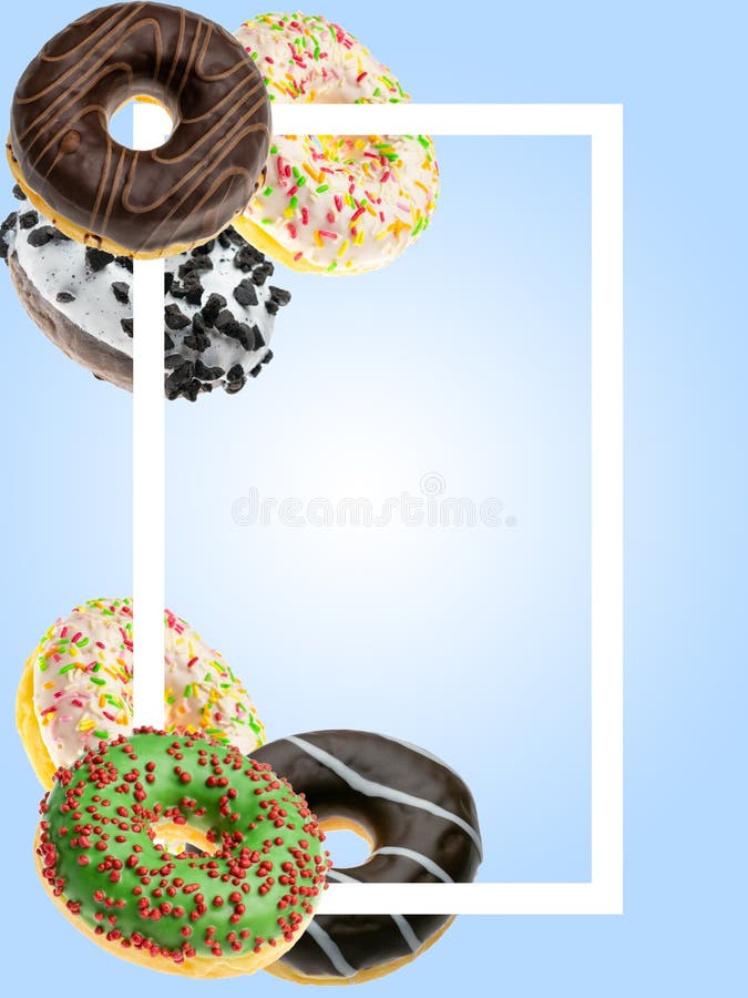 Falling Chocolate Donuts Isolated on Blue Background. Frame for Text ...