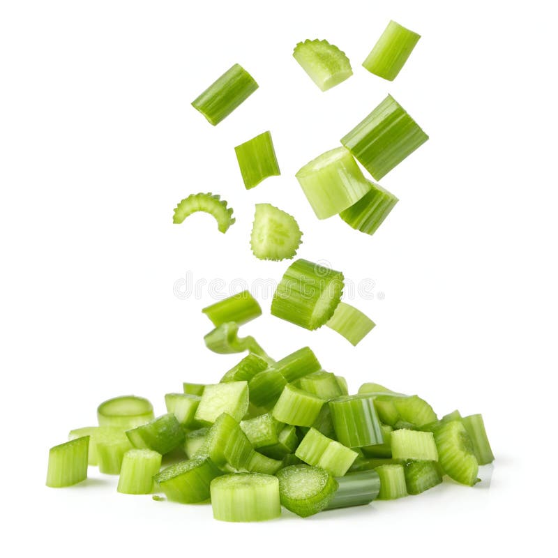 Falling Chopped Celery Isolated on White Background Stock Illustration ...