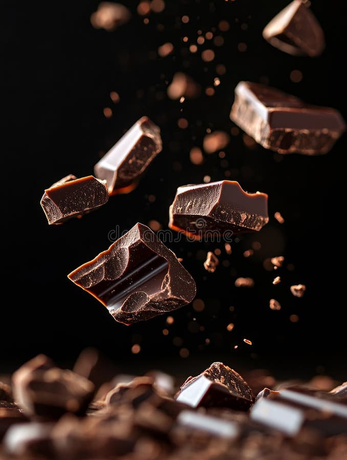 Falling Chunks of Dark Chocolate on a Black Background. Stock Image ...
