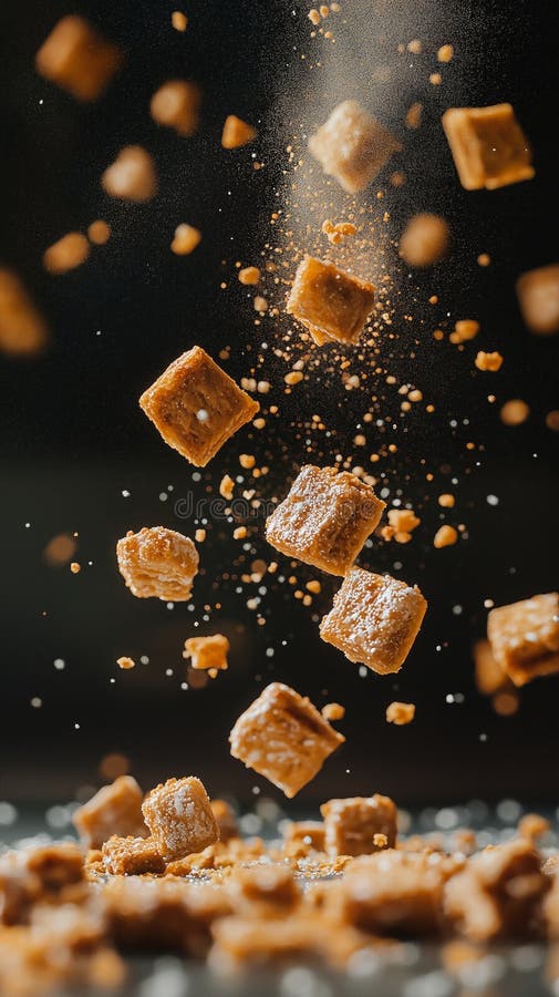 Falling Cinnamon Squares with Sugar Dust in Motion Stock Photo - Image ...