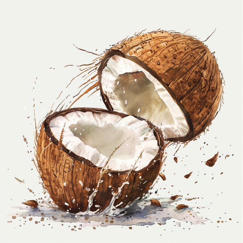 A Falling Coconut Splashes Water in Beautiful Watercolor Style Stock ...