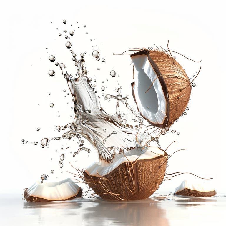 Falling Coconut Splashes Water in Tropical Design, Creating Refreshing ...