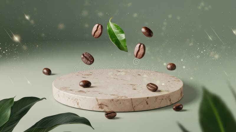 Falling Coffee Beans Around Marble-Like Podium in Minimalist Design ...