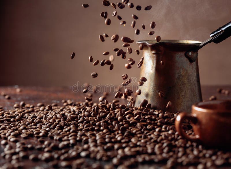 Falling Coffee Beans and Old Copper Coffee Maker Stock Photo - Image of ...