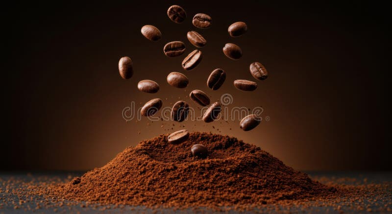 Falling Coffee Beans Over Ground Coffee, Dark Brown Background Stock ...