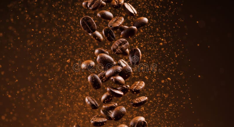 Falling Coffee Beans with Powdered Coffee Against Dark Brown Background ...