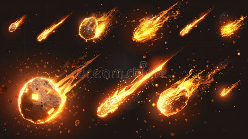 Falling Comets, Asteroids or Meteors with Flame Trails Isolated on ...