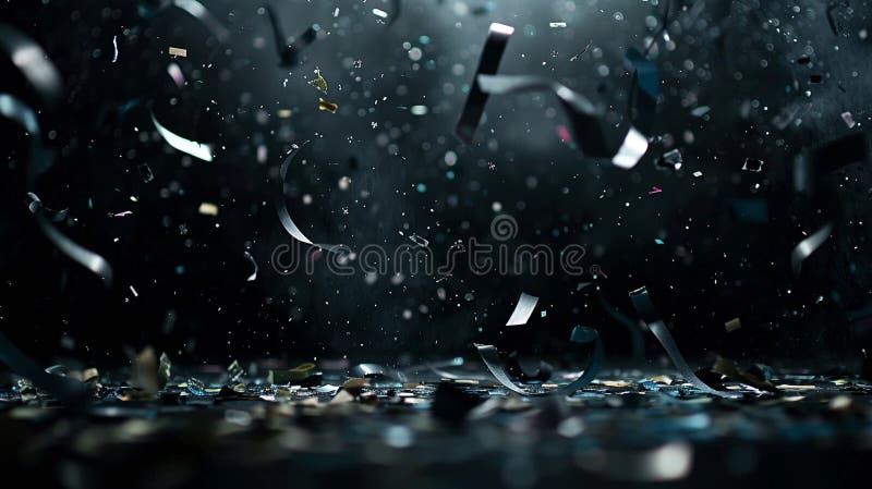 Falling Confetti and Ribbon Pieces in a Dark Space with a Reflective ...