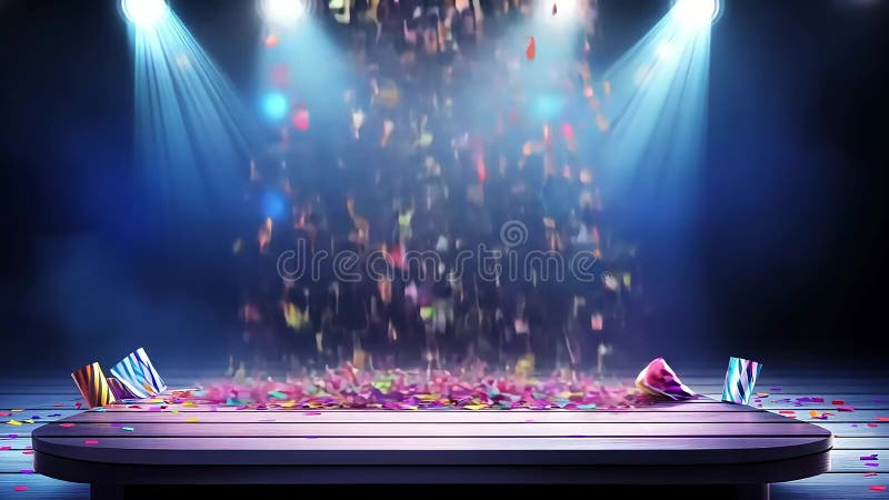 Falling Confetti on a Table Under Spotlights. Cups Sit at the Edge of ...