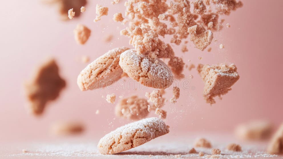 Falling Cookies with Powdered Sugar on Pink Background Stock ...