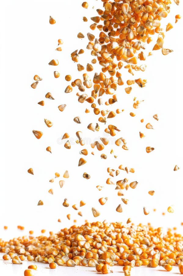 Falling Corn Kernels on a White Background, Highlighting Their Vibrant ...