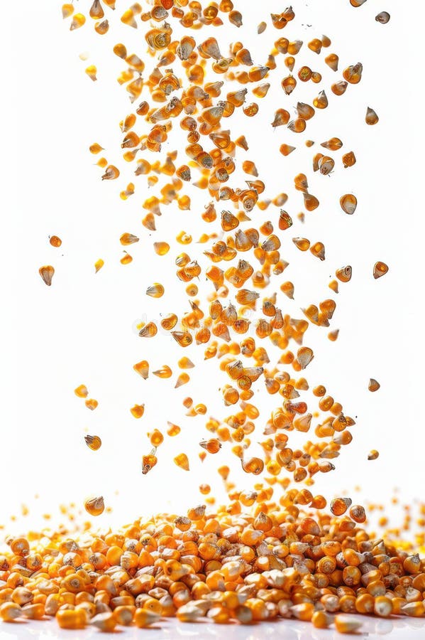 Falling Corn Kernels on a White Background, Highlighting Their Vibrant ...