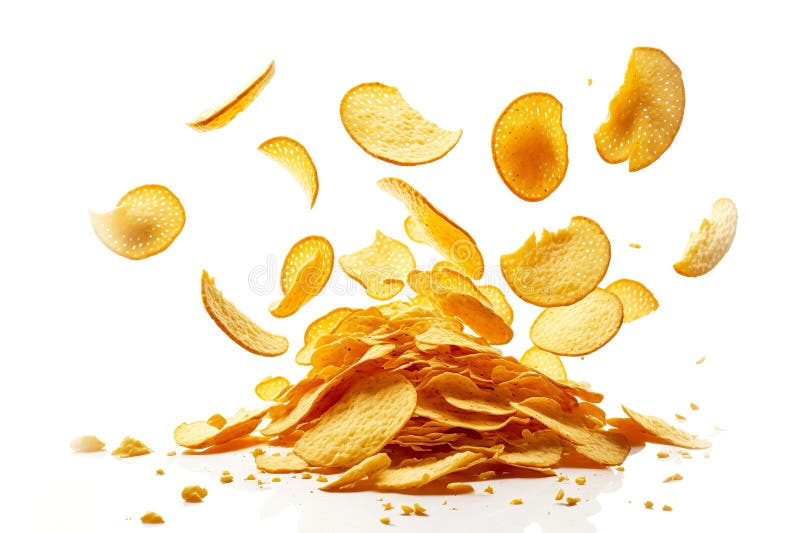 Falling Crispy Fried Potato Chips Isolated on White Background Stock ...