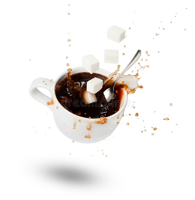 A Falling Cup of Coffee, Sugar Cubes and a Spoon. Bursts and Drops ...