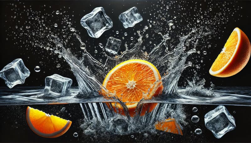 Falling Delicious Pieces of Orange Fall into the Water among Splashes ...