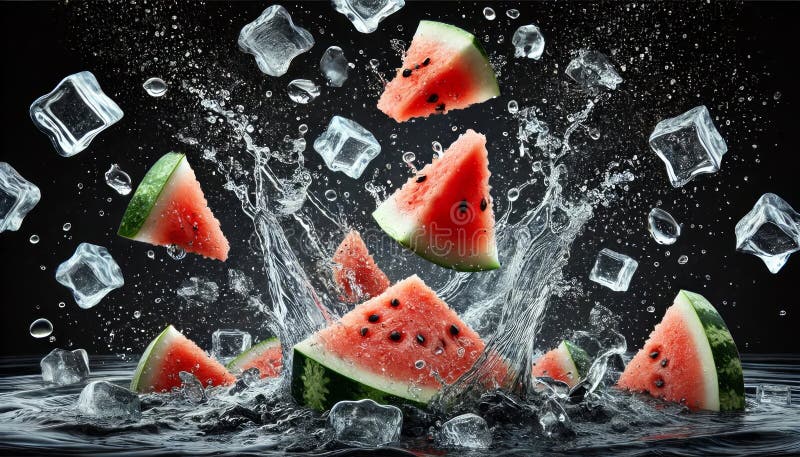 Falling Delicious Ripe Pieces of Watermelon Fall into the Water among ...