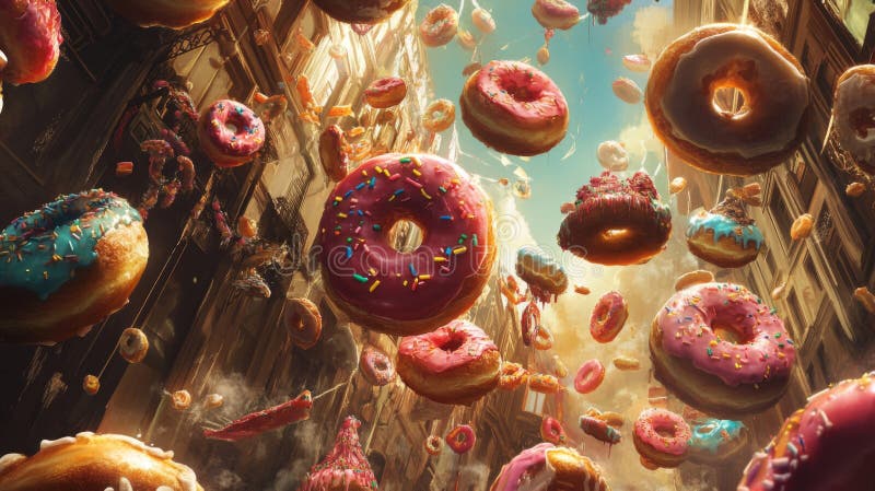 Falling Donuts Over Cityscape Stock Illustration - Illustration of ...
