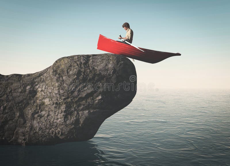 Falling Down. Man in a Boat on a Rock Falling in the Ocean Stock ...