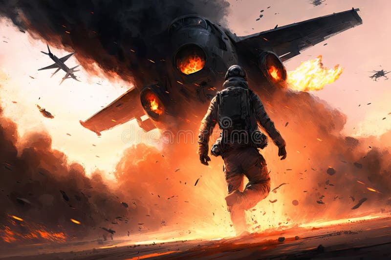 Falling Explosions Burning Military Plane with Male Pilot at War ...