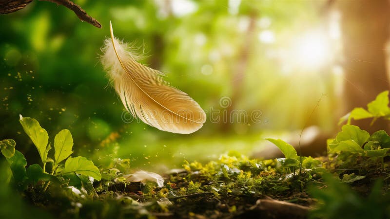 Falling Feather in Sunlit Forest, Nature High Quality Image Stock ...
