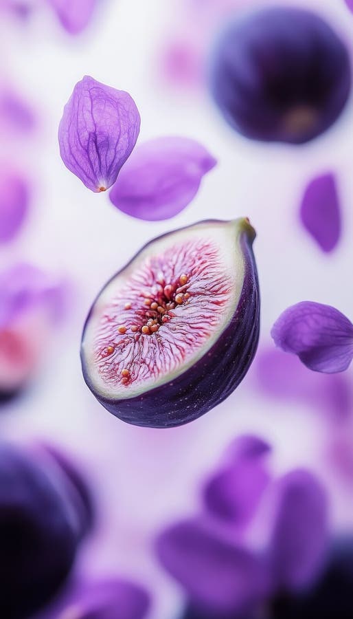 Falling Figs Ripe Purple Fig Cut in Half, Gracefully Falling Against a ...