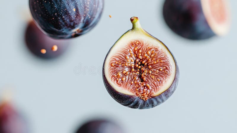 Falling Figs Ripe, Purple Fresh Figs Falling or Hovering, One Cut Open ...