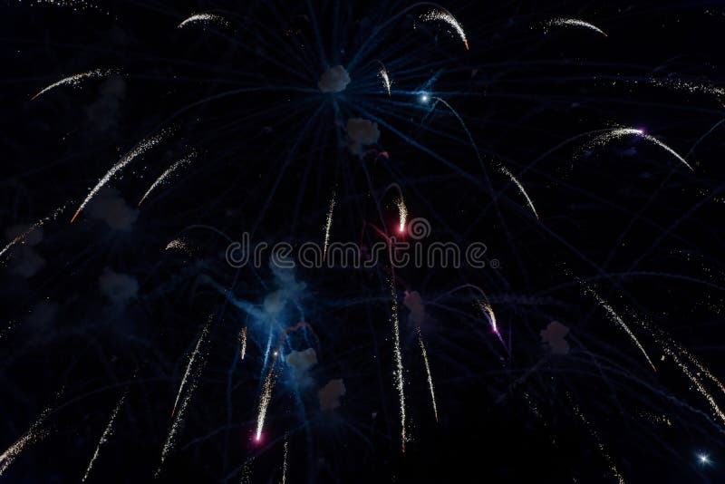 Falling of Firework Sparks after Bursting in the Night Sky Stock Photo ...