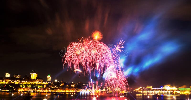 Falling Fireworks in Front of Quebec City Stock Photo - Image of ...