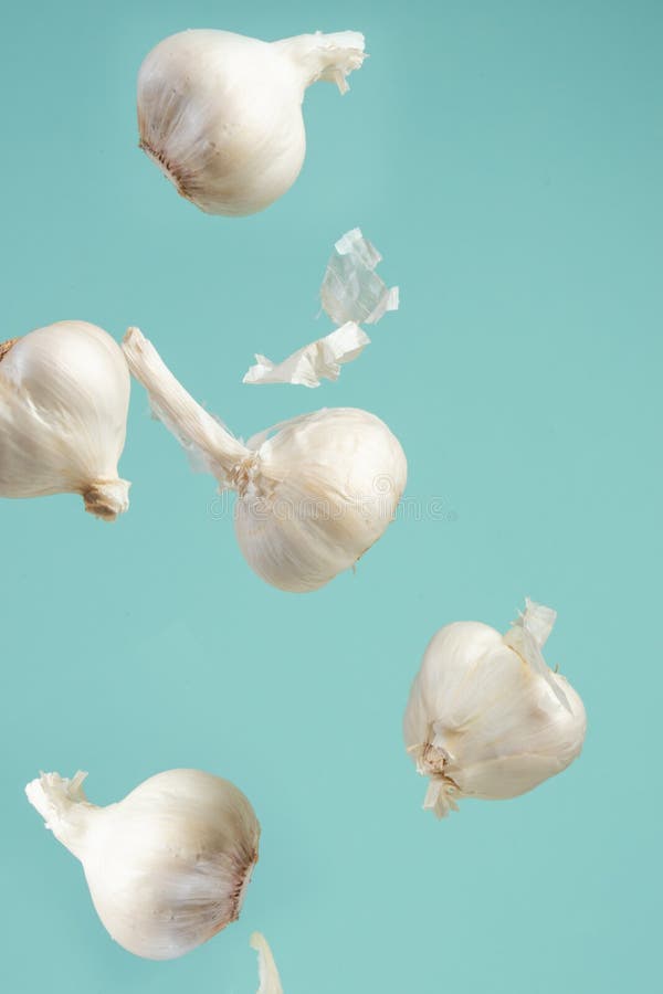 Falling Garlic, on a Light Background. Isolate for Design, Freeze in ...