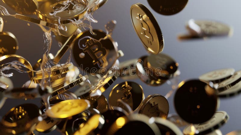 Falling Gold Bitcoin Coins with Dynamic Splash Effect Stock Photo ...