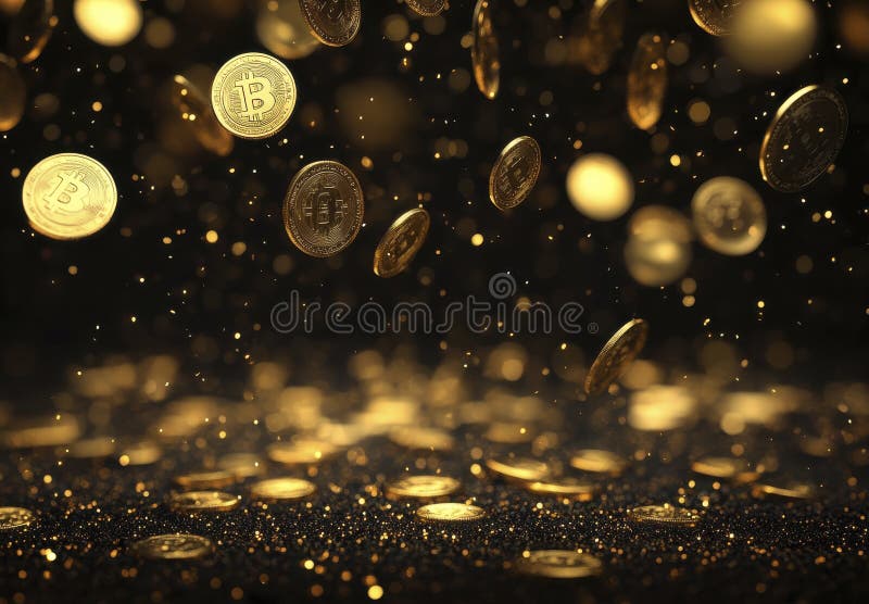 Falling Gold Coins and Glitter on Dark Background Stock Illustration ...