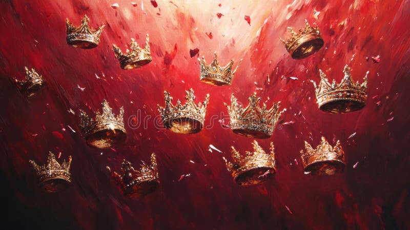 Falling Gold Crowns on Red Abstract Background Stock Illustration ...