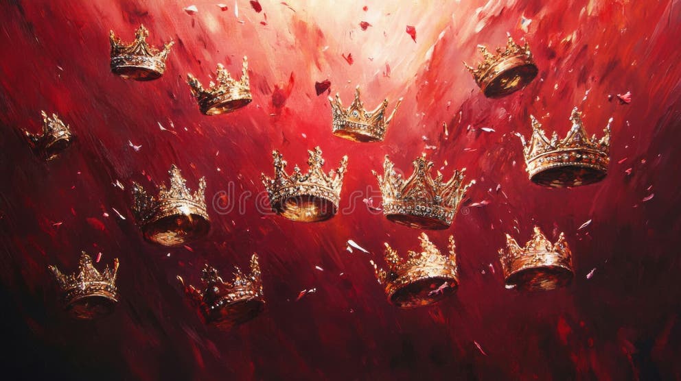 Falling Gold Crowns on Red Abstract Background Stock Illustration ...