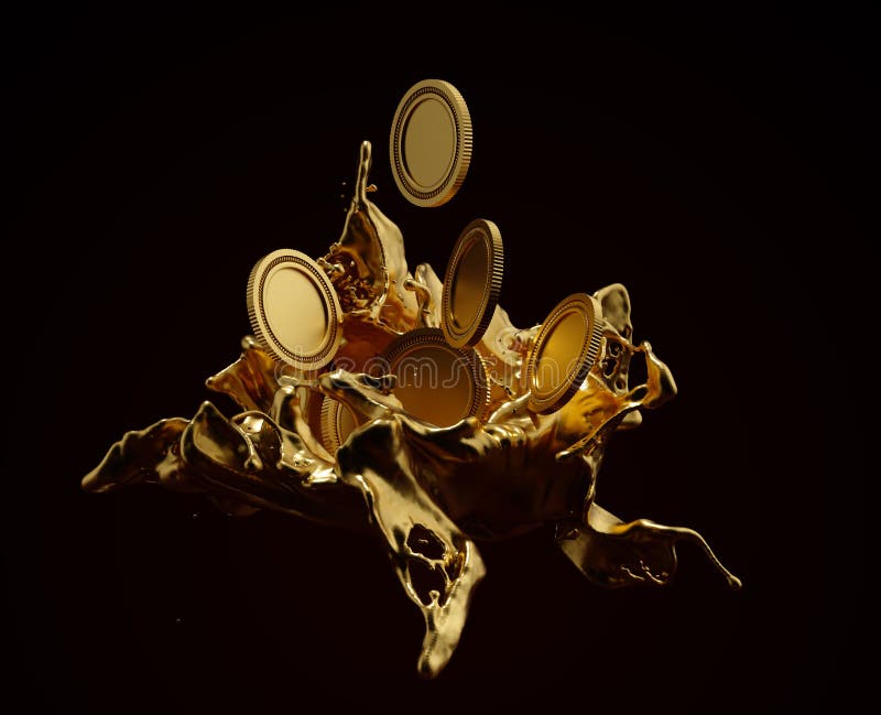 Falling Golden Coins and Golden Splash . 3D Rendering Stock ...