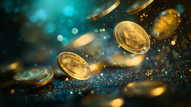 Falling Golden Coins in Sparkling Light with a Digital Touch Stock ...