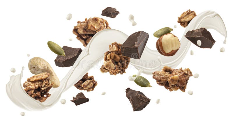 Falling Granola with Milk Splash, Nuts and Chocolate Pieces Isolated on ...