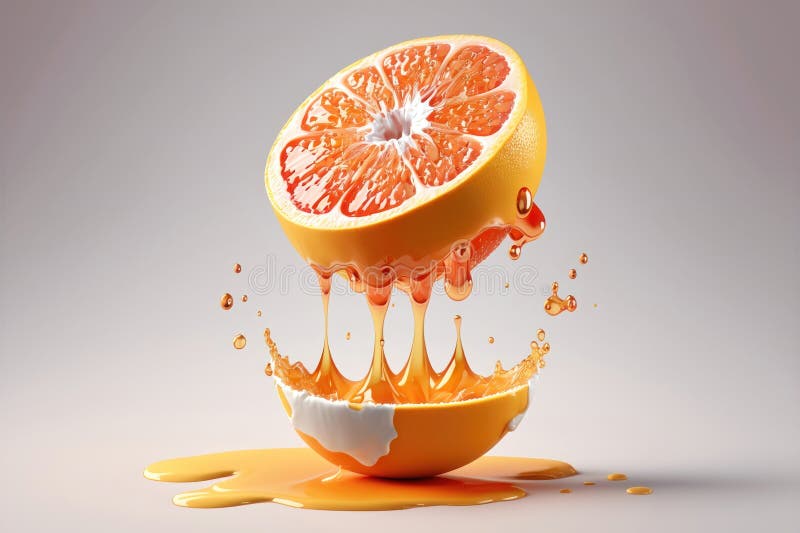 Falling Grapefruit Slice and Drip Up Drops of Juice Isolated. AI ...