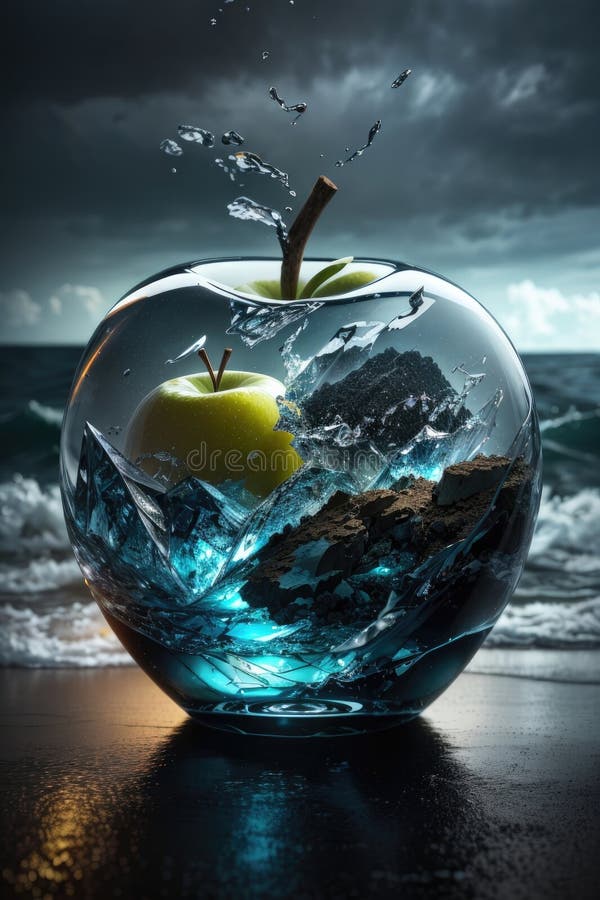 Falling Green Apple in a Glass Vase on the Beach. Stock Illustration ...