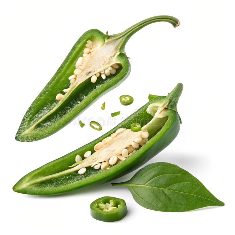 Falling Green Chili with Slice and Leaf Stock Illustration ...