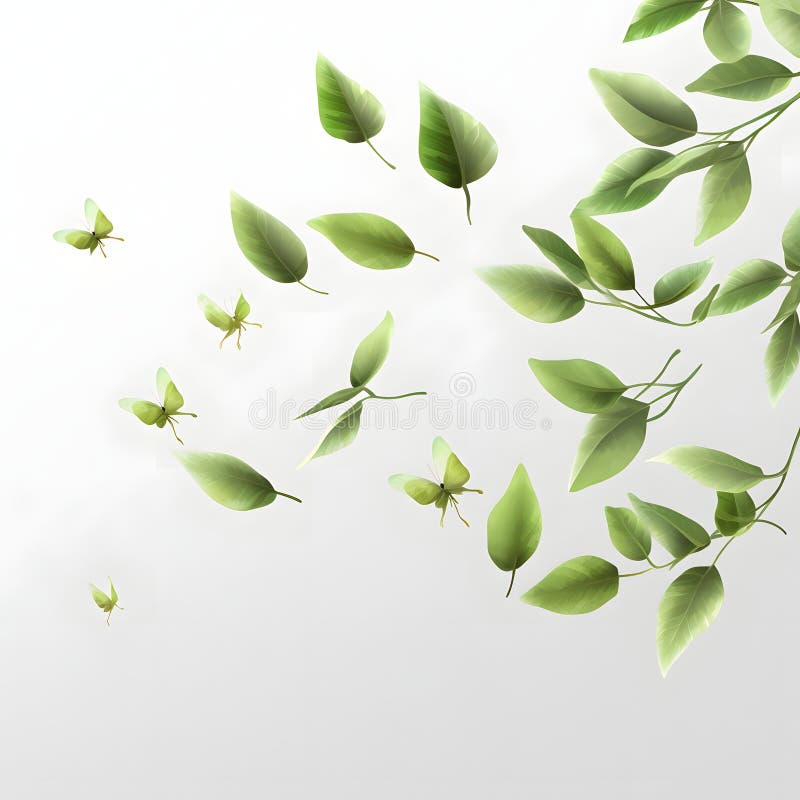 Falling Green Leaves Isolated on a White Background. Spring Foliage ...