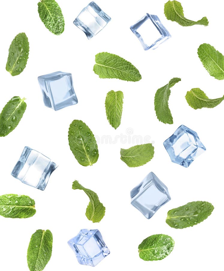 Falling Green Mint Leaves, Crystal Ice Cubes and Splash of Water on ...