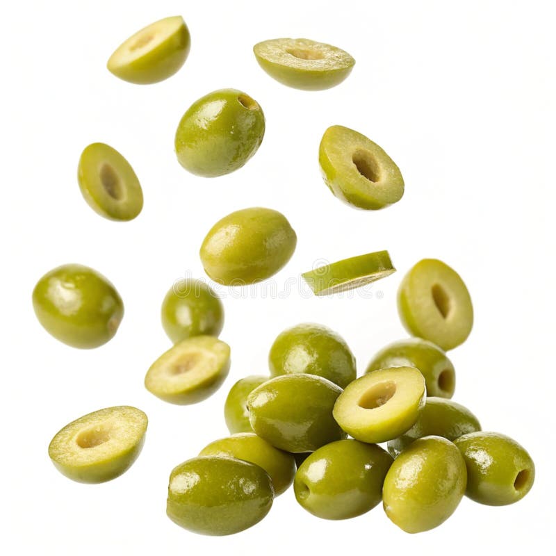 Falling Green Olive Slices Isolated on White Background Stock ...