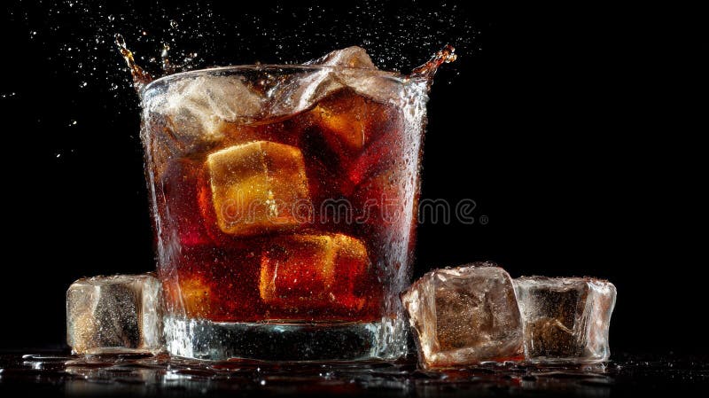 Falling Ice Cubes Creating Splashes in a Glass of Cola Providing ...